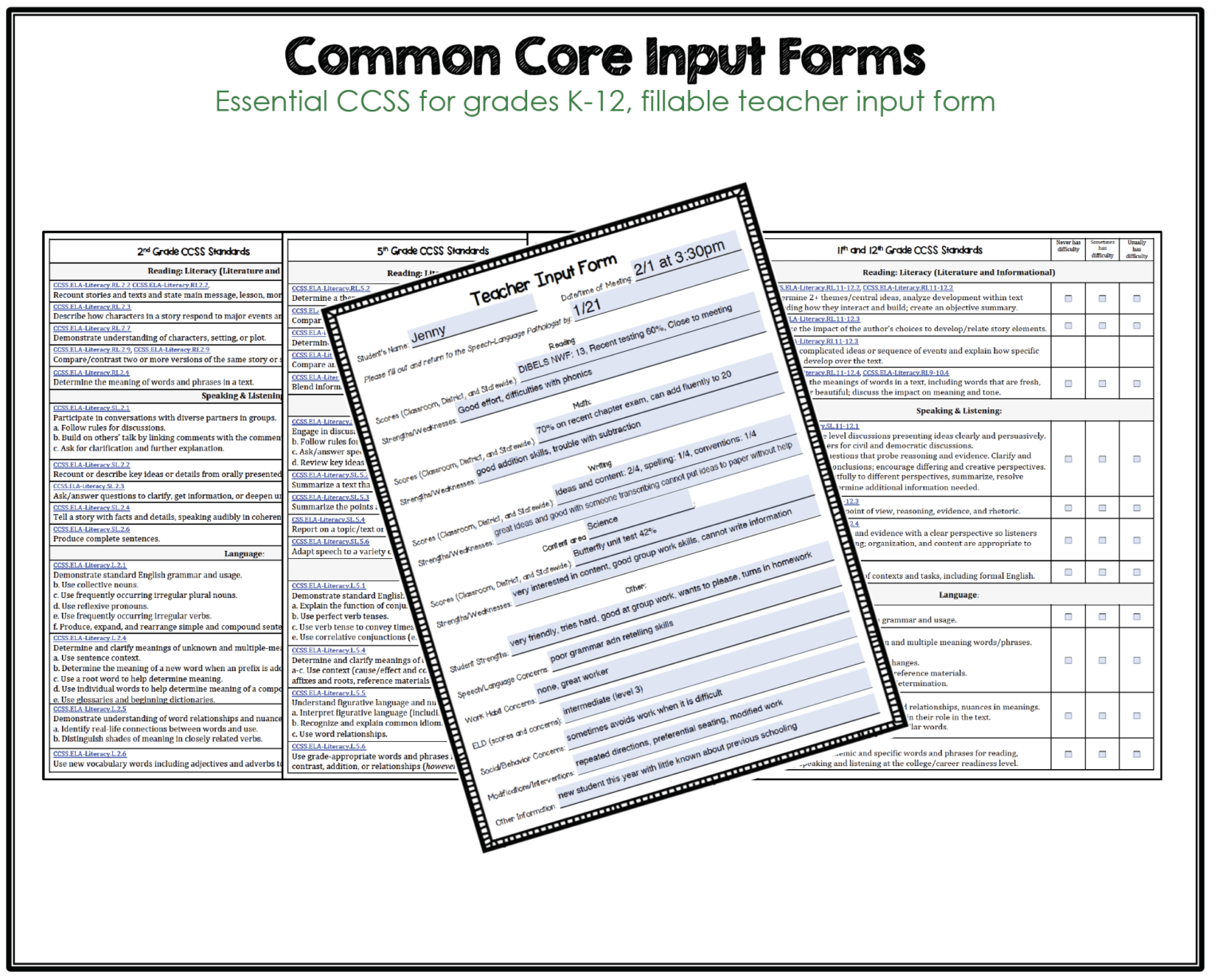 Common Core Teacher Input Forms for IEPs - Super Power Speech